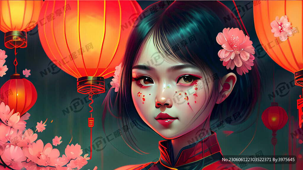 Ai创作图可爱女孩 赛博朋克 桃花 红灯笼 高清 创意构图 昵图网