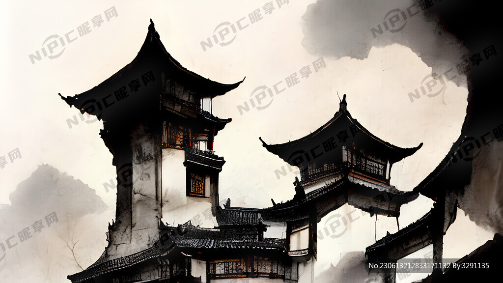 AI创作图福州古建筑水墨画nipic.com-昵图网