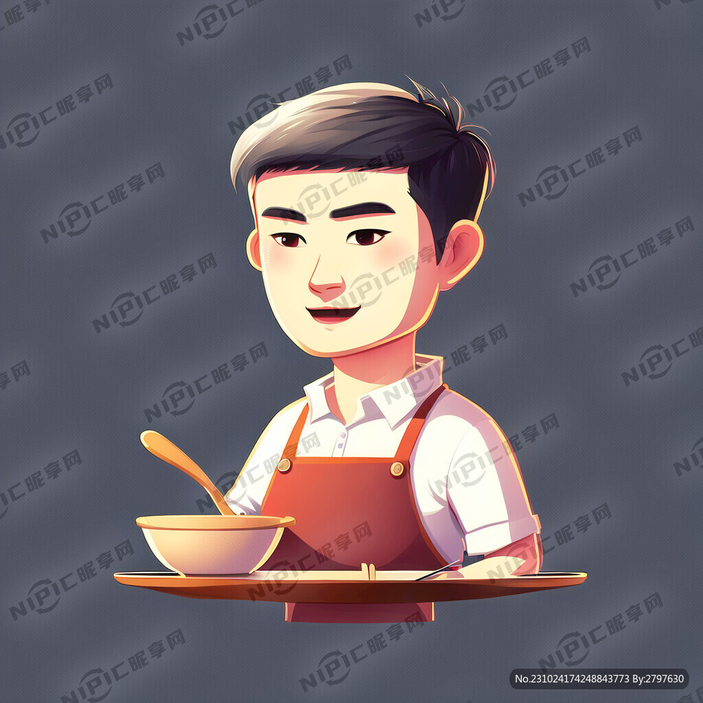 Ai创作图卡通亚洲男人 短发 可爱 拿着锅 餐饮商标 简约 昵图网